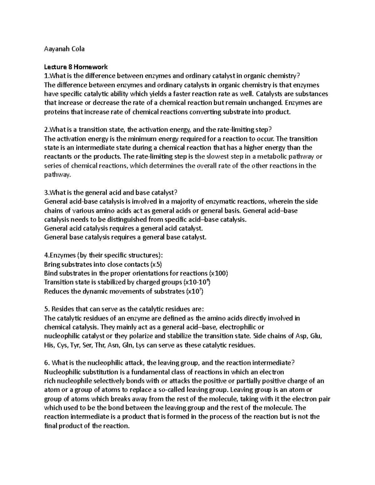 Biochemistry HW8-11 - Biochem homework notes - Aayanah Cola Lecture 8 ...