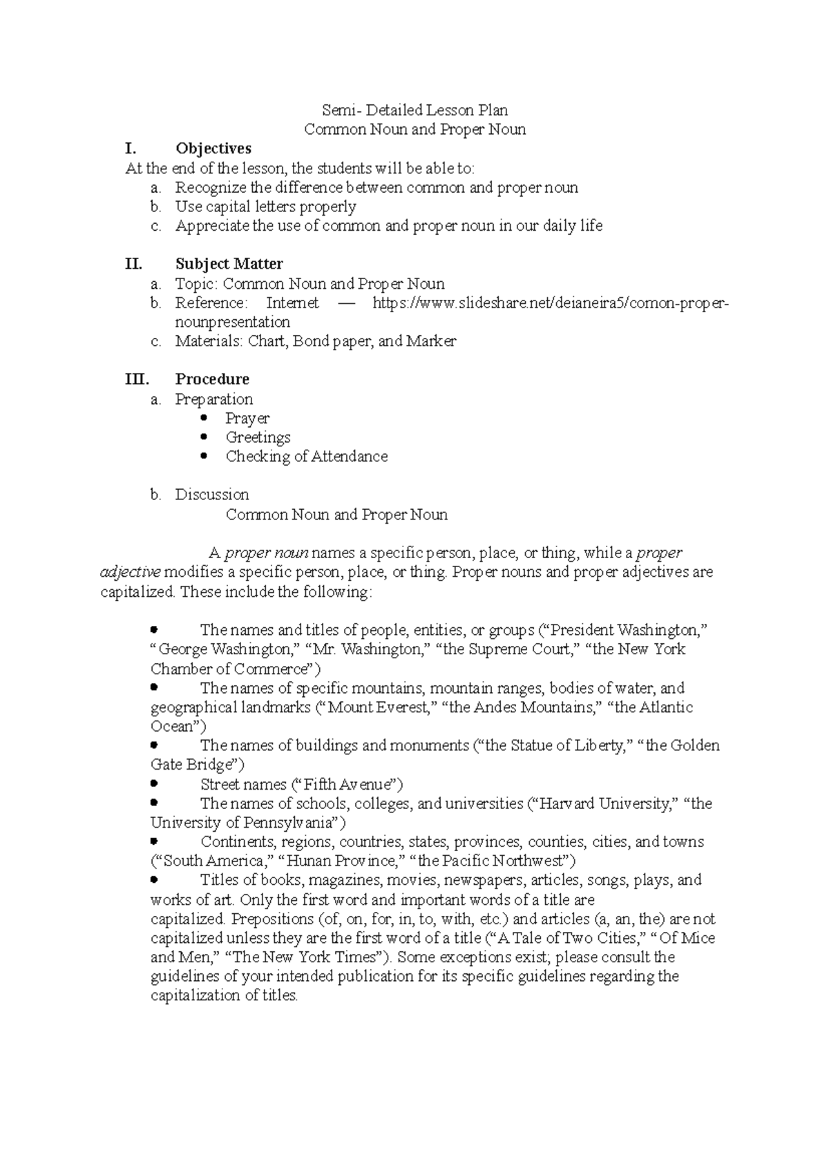 Common Noun and Proper Noun Semi-detailed Lesson Plan - Semi- Detailed ...