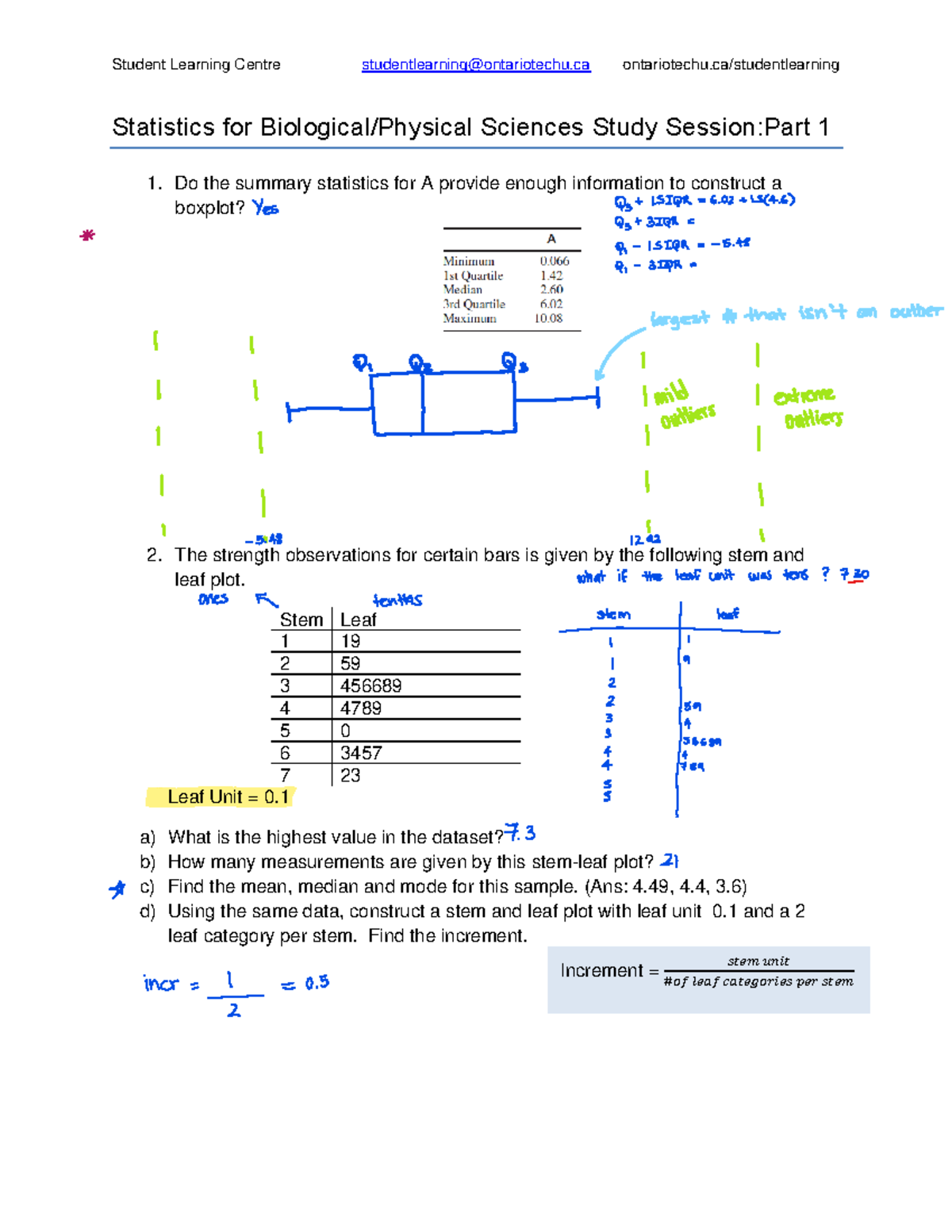 Midterm review - Statistics for Biological/Physical Sciences Study Session:Part 1 Do the summary ...