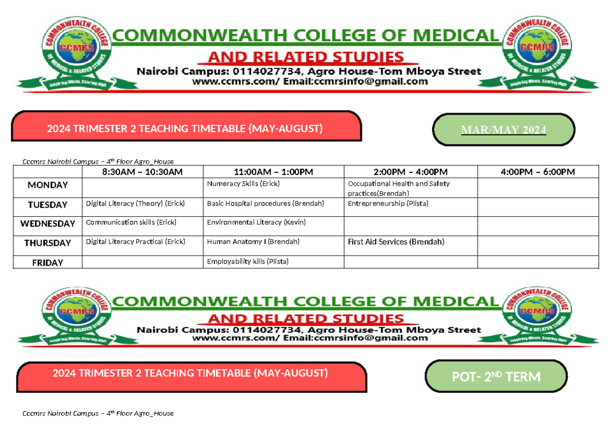 May 2024 timetable - Sample - 8:30AM – 10:30AM 11:00AM – 1:00PM 2:00PM – 4:00PM 4:00PM – 6:00PM ...