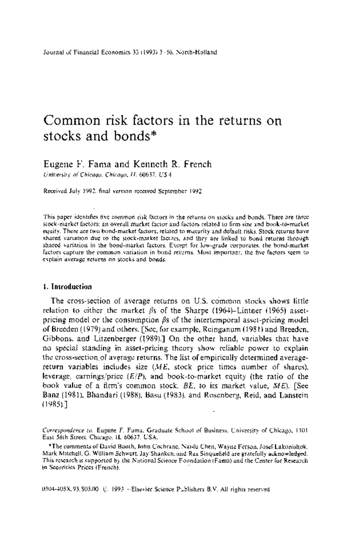 Fama Eugene F. and Kenneth R. French, 1993, Common risk factors in the ...
