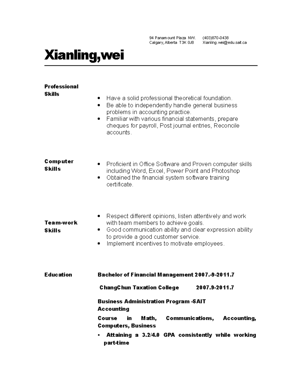 Resume Example with comments - 94 Panamount Plaza NW. Calgary, Alberta ...