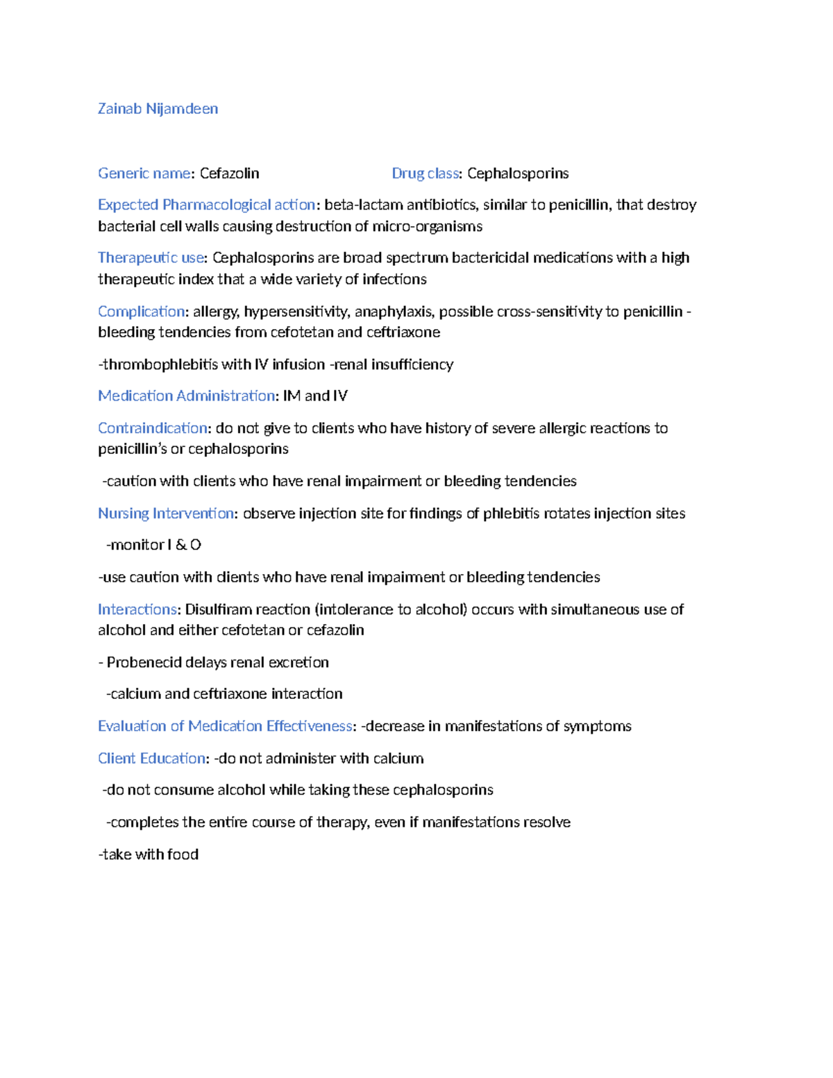 Cefazolin medication template alt - Zainab Nijamdeen Generic name ...