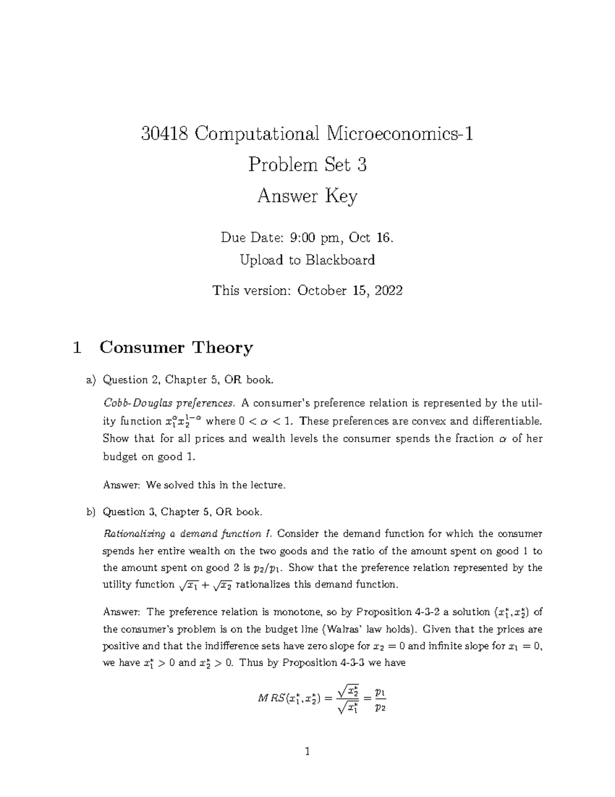 PS3 2022 - Problem set - 30418 Computational Microeconomics- Problem Set 3 Answer Key Due Date ...