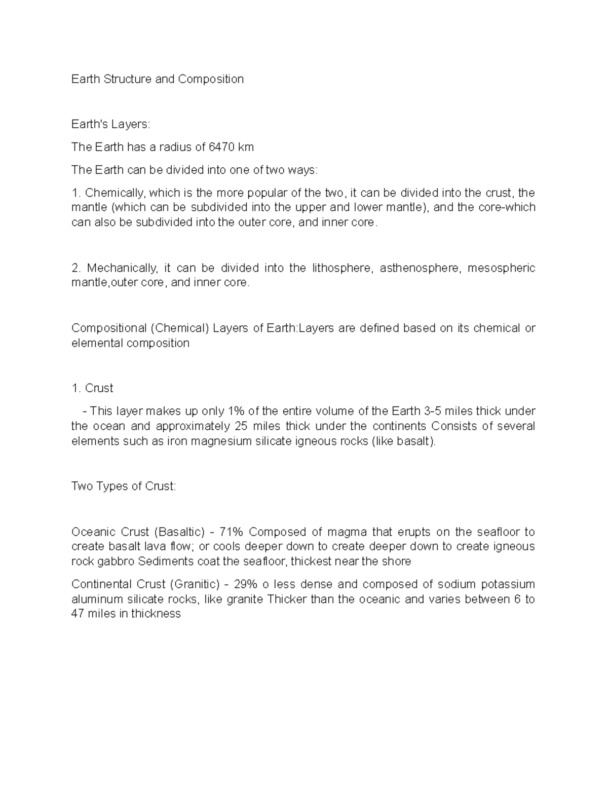 Earth - Lecture notes - Earth Structure and Composition Earth's Layers ...