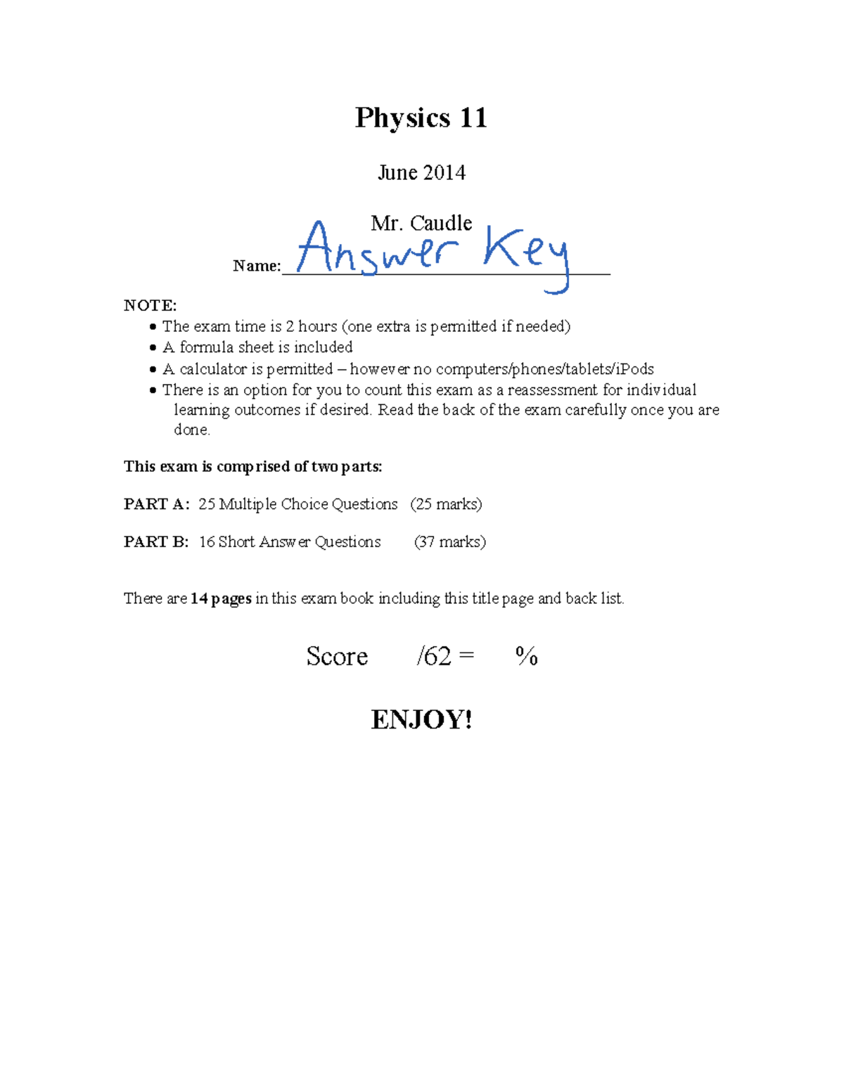 Physics 11 Final Exam 2014 Key - Studocu