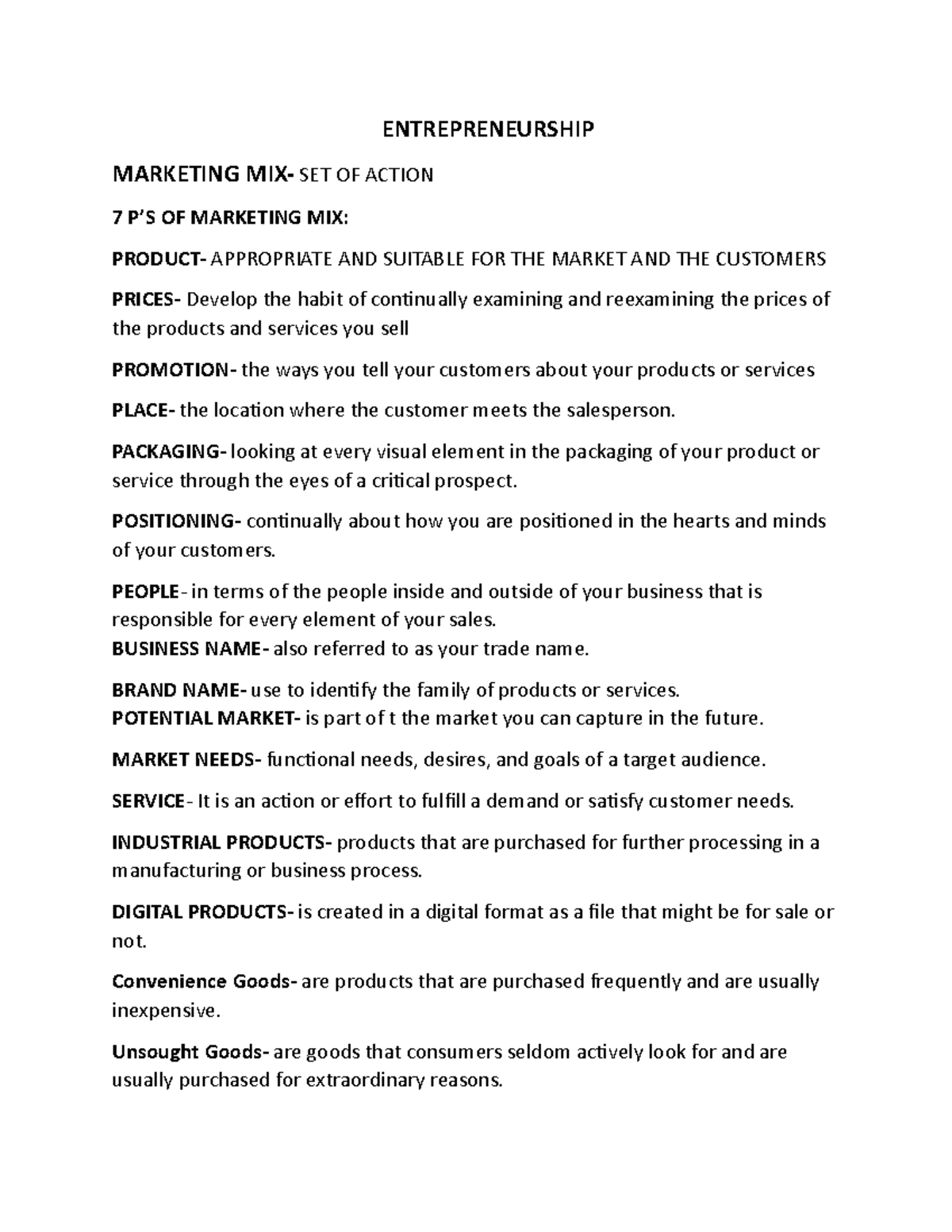 Entrepreneurship - bhycjfkgjckjb - ENTREPRENEURSHIP MARKETING MIX- SET ...