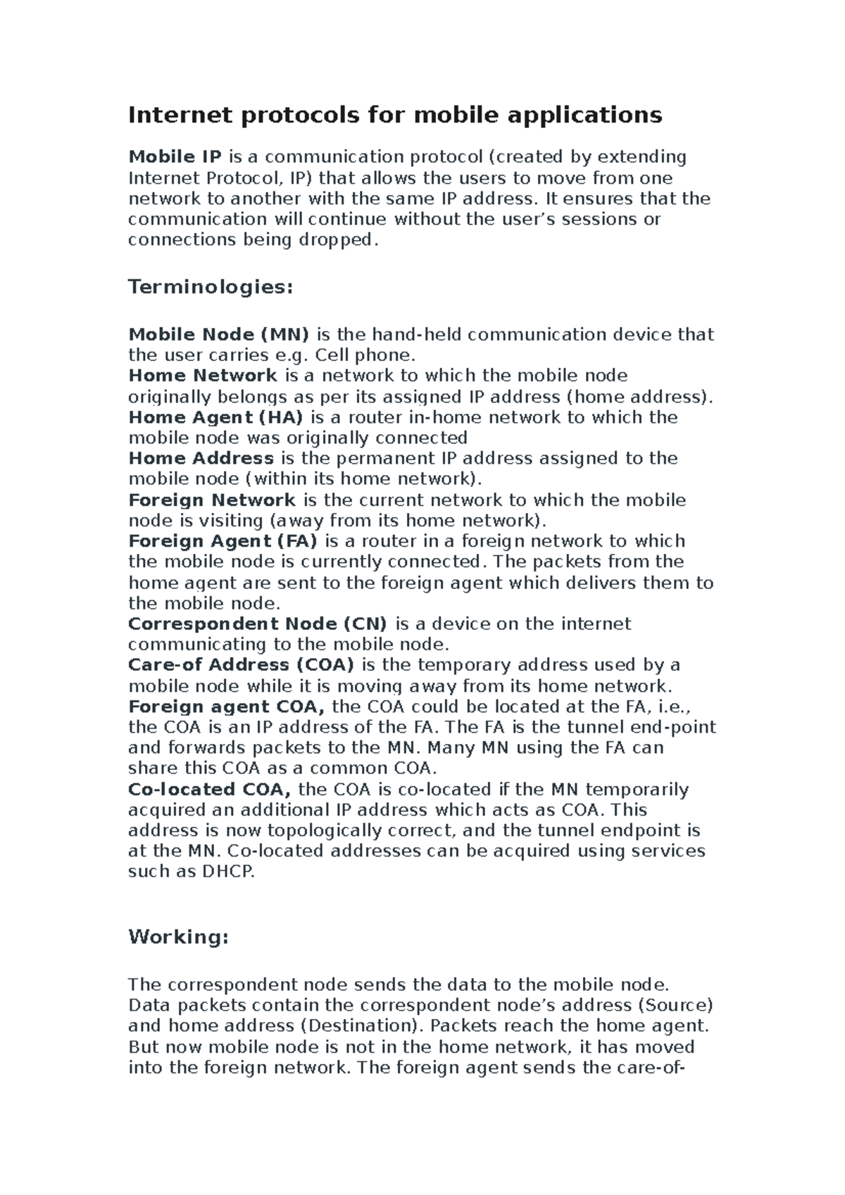 Internet protocols for mobile applications - It ensures that the ...