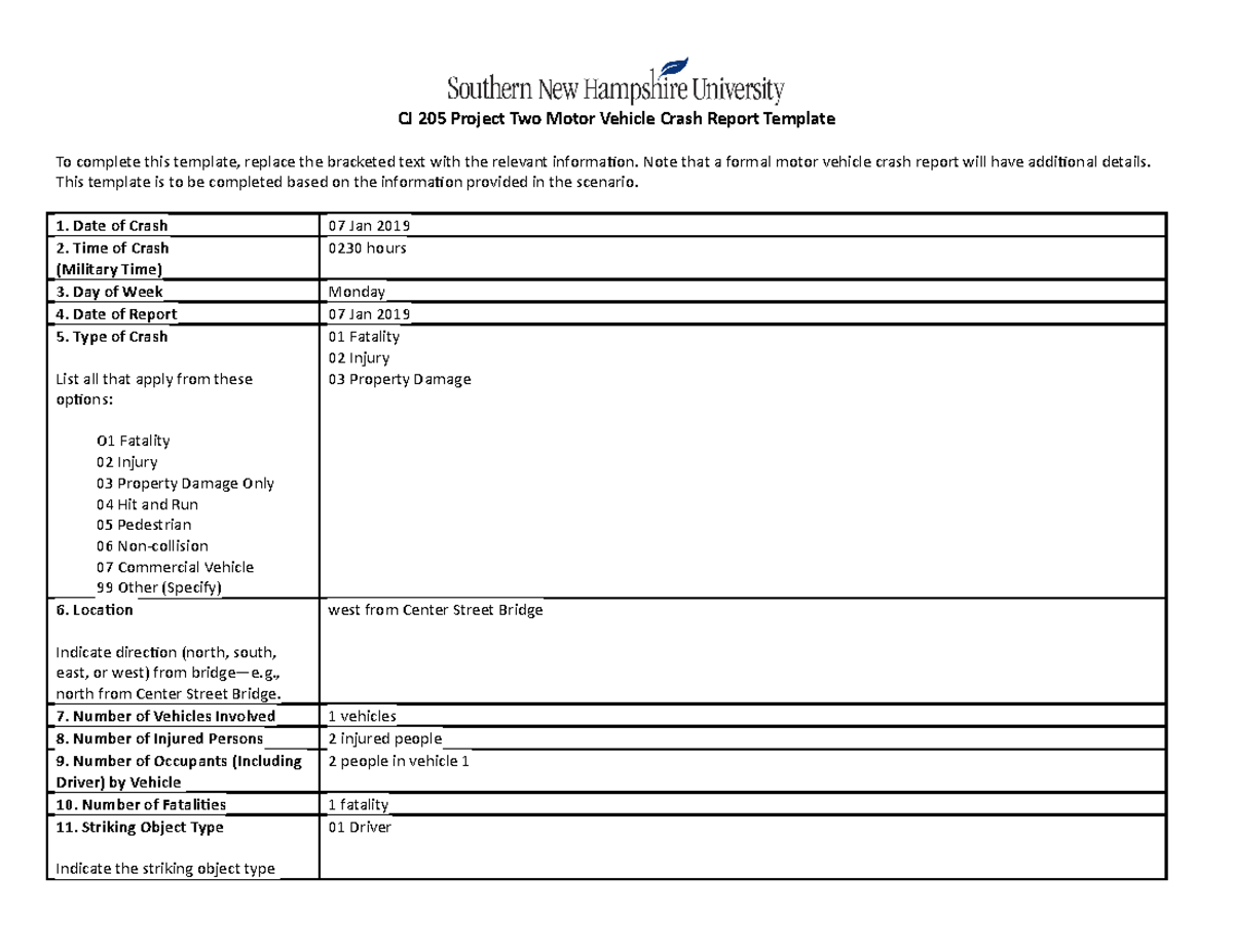 CJ 205 Project Two Motor Vehicle Crash Report - Note that a formal ...