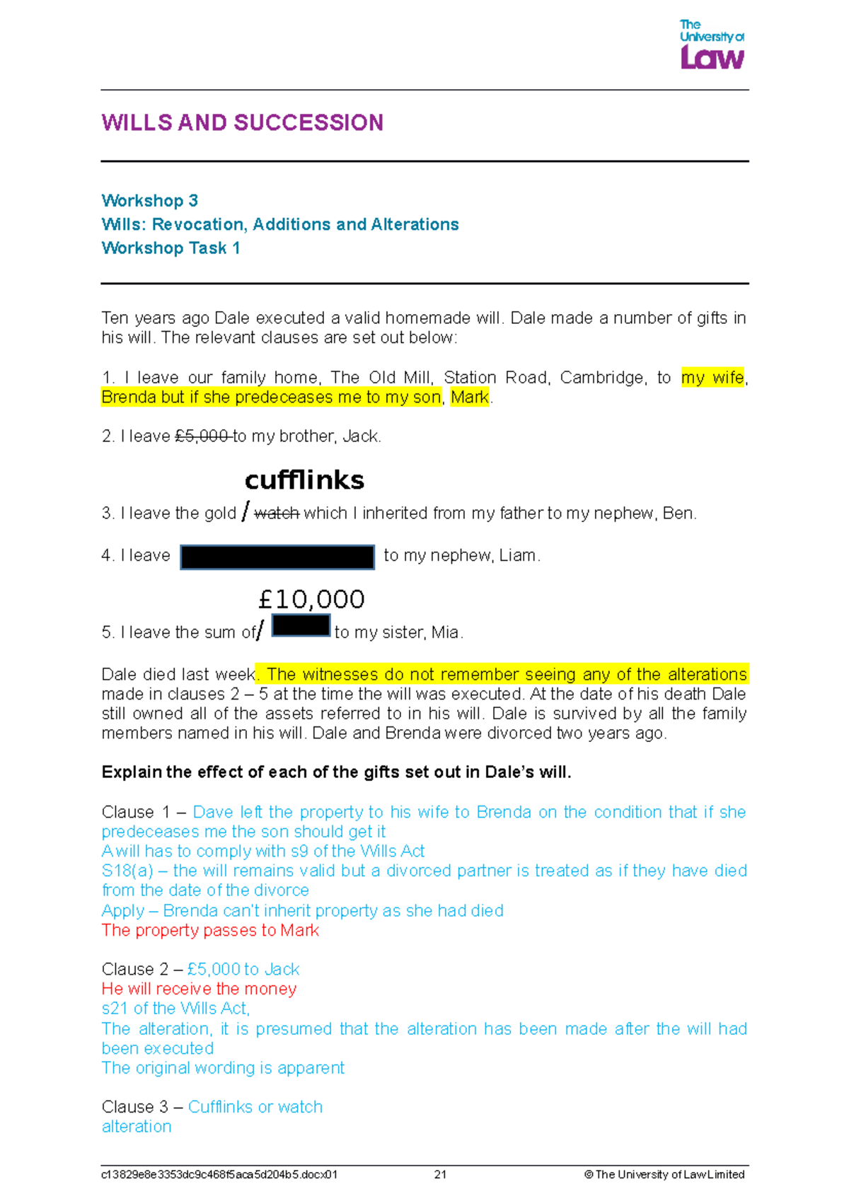 WS3 Task 1 - WS3 - WILLS AND SUCCESSION Workshop 3 Wills: Revocation ...