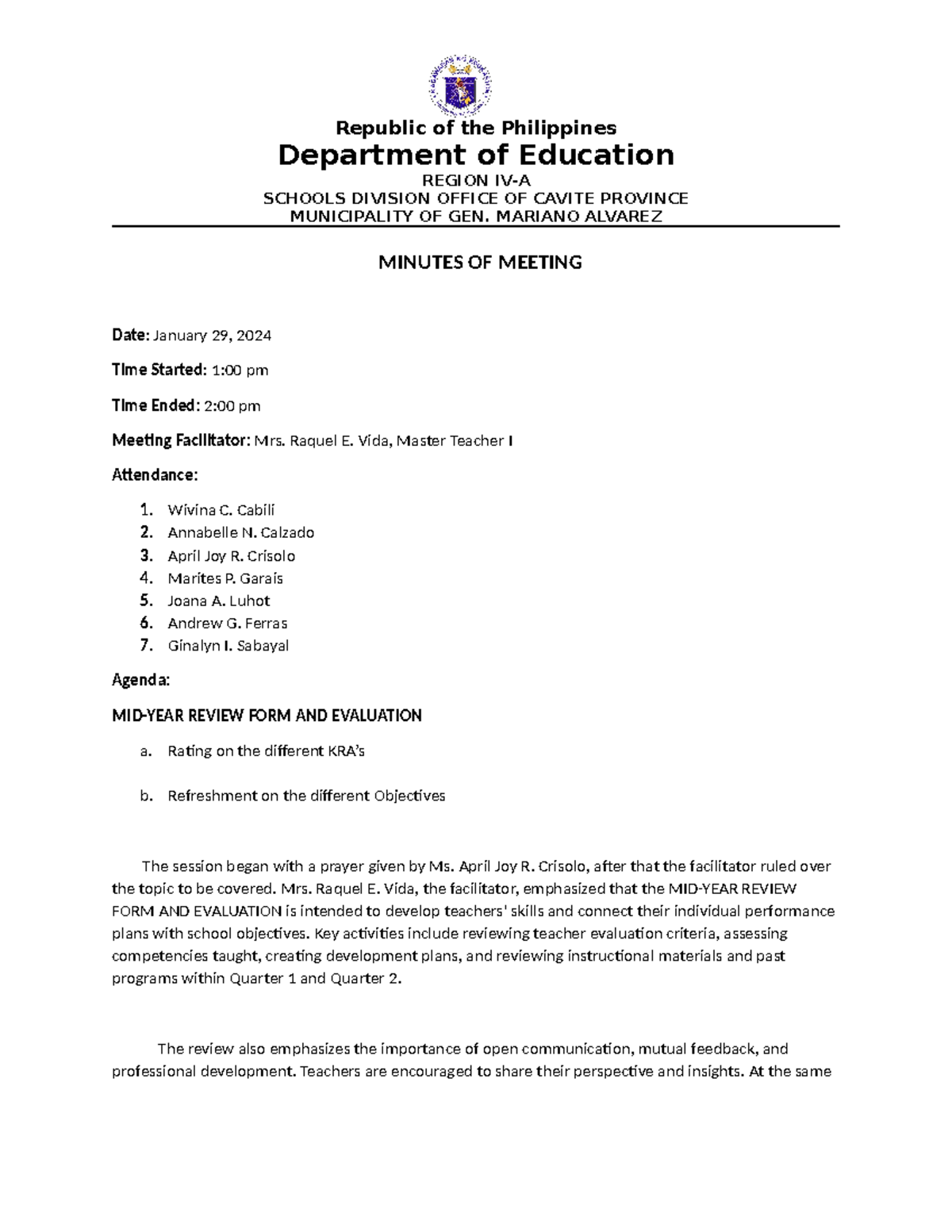 Minutes OF Meeting Jan - Republic of the Philippines Department of ...