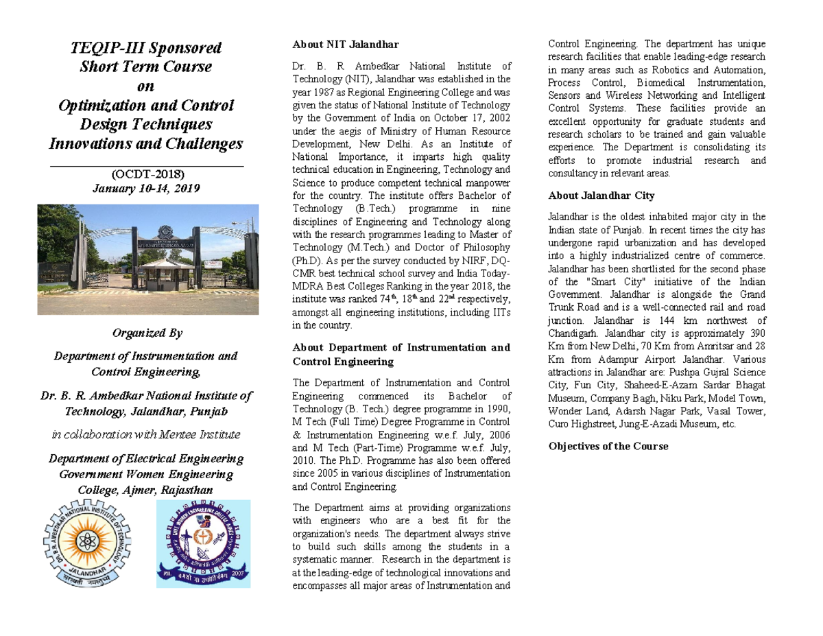 Brochure STC ICE - TEQIP-III Sponsored Short Term Course on ...