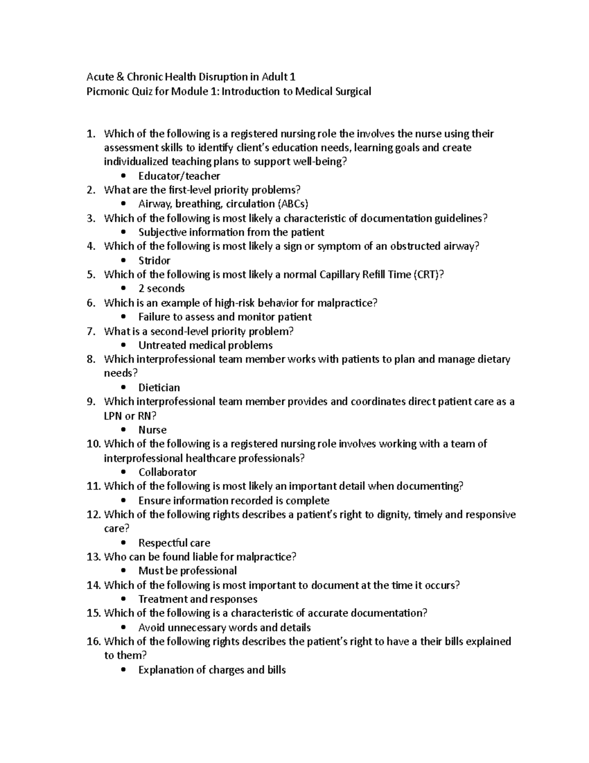Acute Chronic Health Disruption in Adult 1 Picmonic Quiz - Studocu