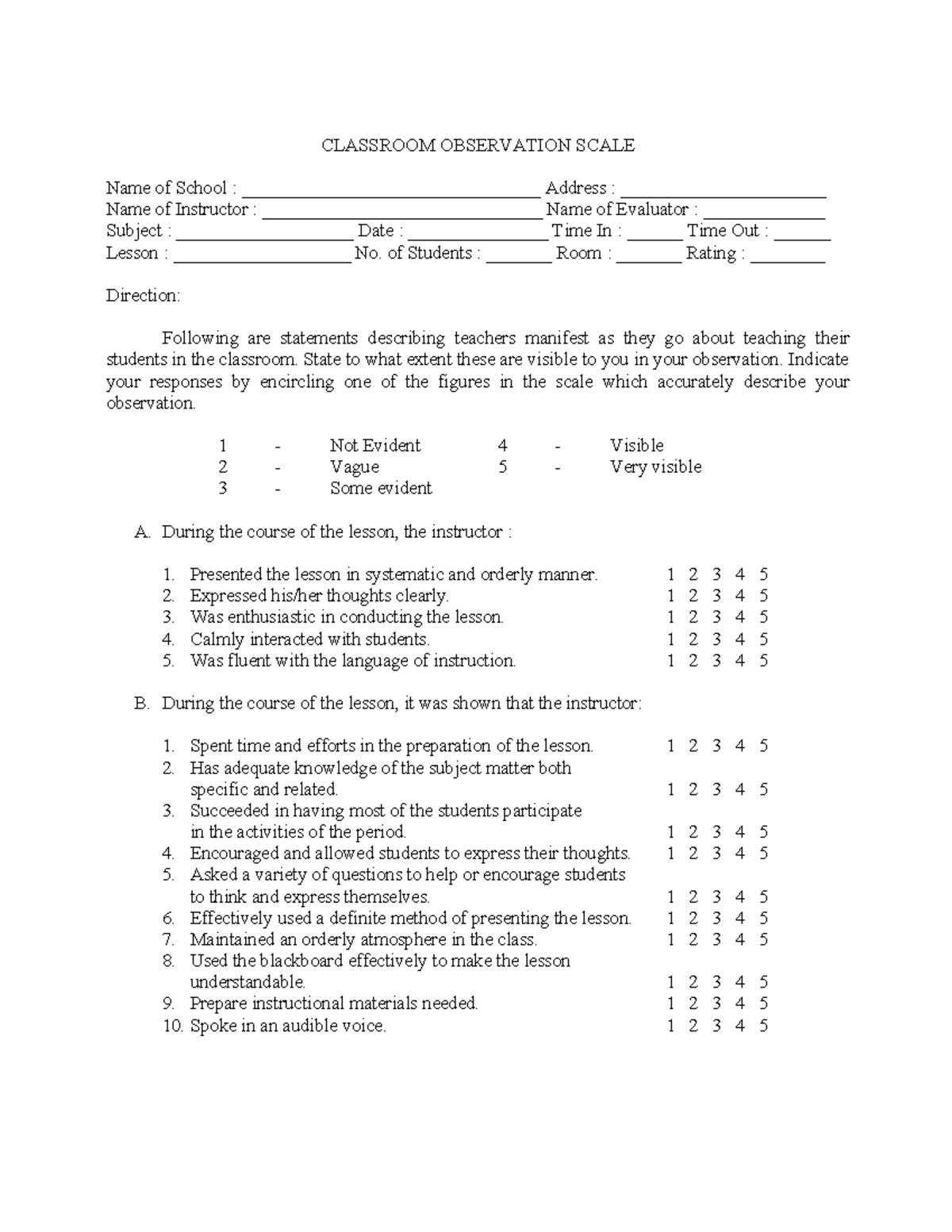 Teaching-evaluation-form - CLASSROOM OBSERVATION SCALE Name of School ...