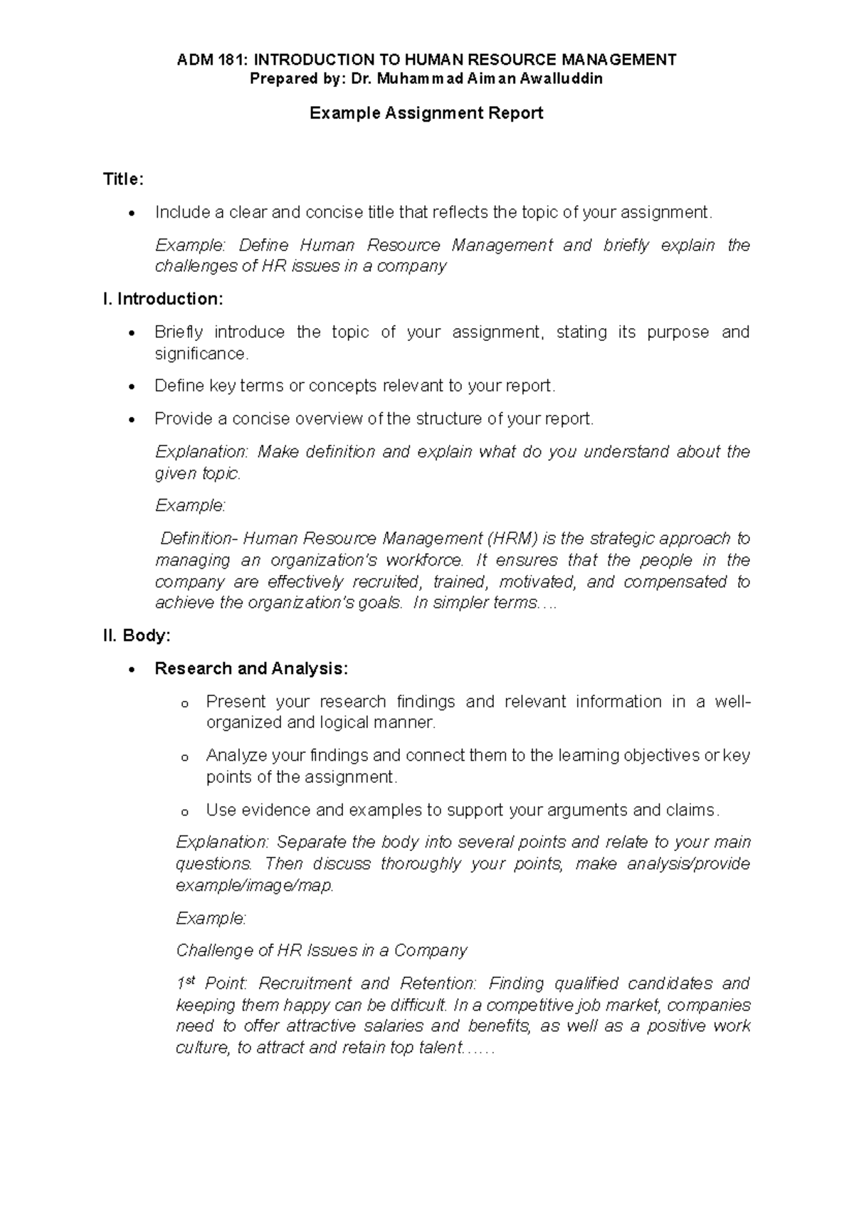 Example Assignment Report ADM181 - ADM 181: INTRODUCTION TO HUMAN ...