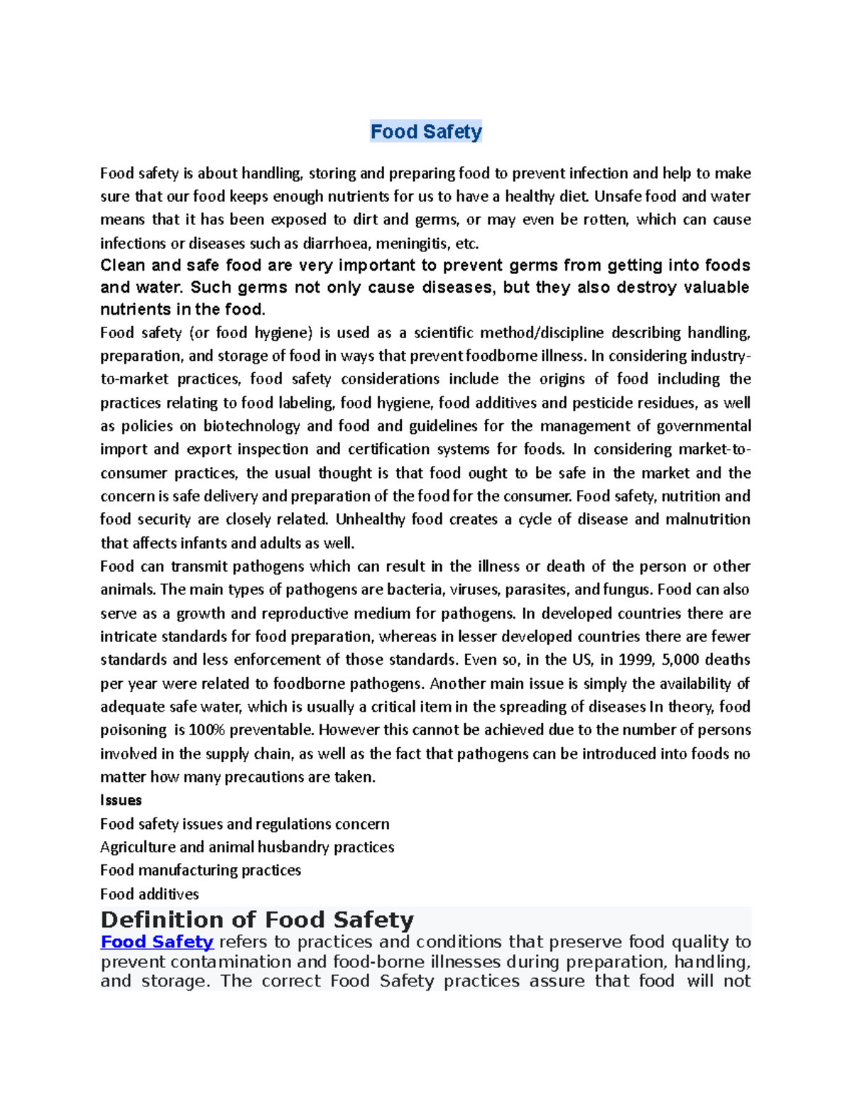 Food Safety - Unsafe food and water ####### means that it has been ...