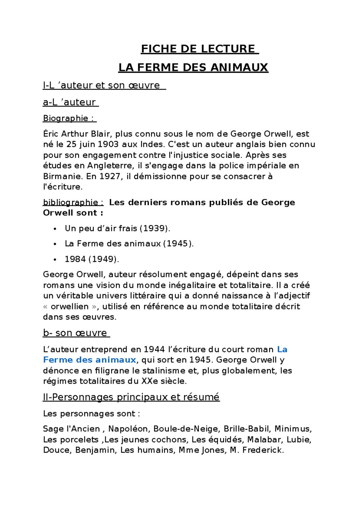 Fiche DE Lecture LA Ferme DES Animaux - FICHE DE LECTURE LA FERME DES ...