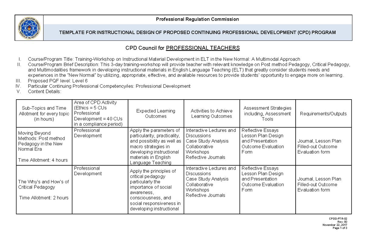 PQF Level - FOR CPD REASEARCH - CPDD-PTR- 02 Rev. 00 November 22, 2017 Page 1 of 3 CPD Council ...