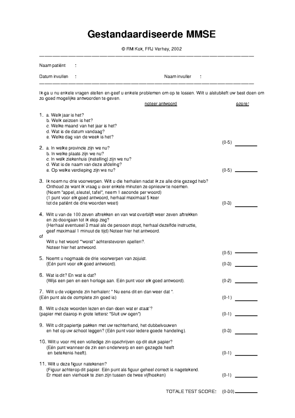 MMSE test - oefenmateriaal assessments - Gestandaardiseerde MMSE © RM ...