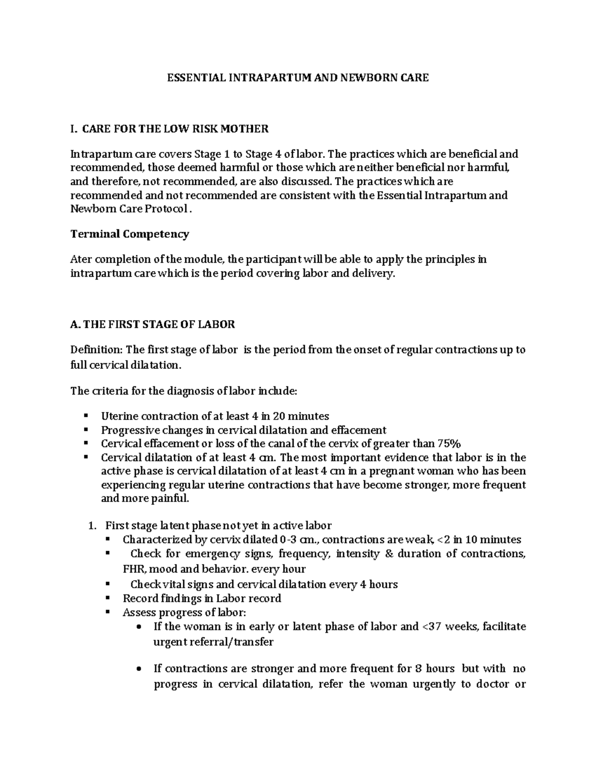 EINC-pdf - Einc - ESSENTIAL INTRAPARTUM AND NEWBORN CARE I. CARE FOR ...