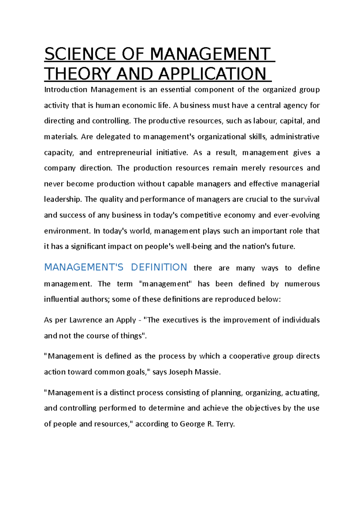 Science OF Management Theory AND Application - SCIENCE OF MANAGEMENT ...