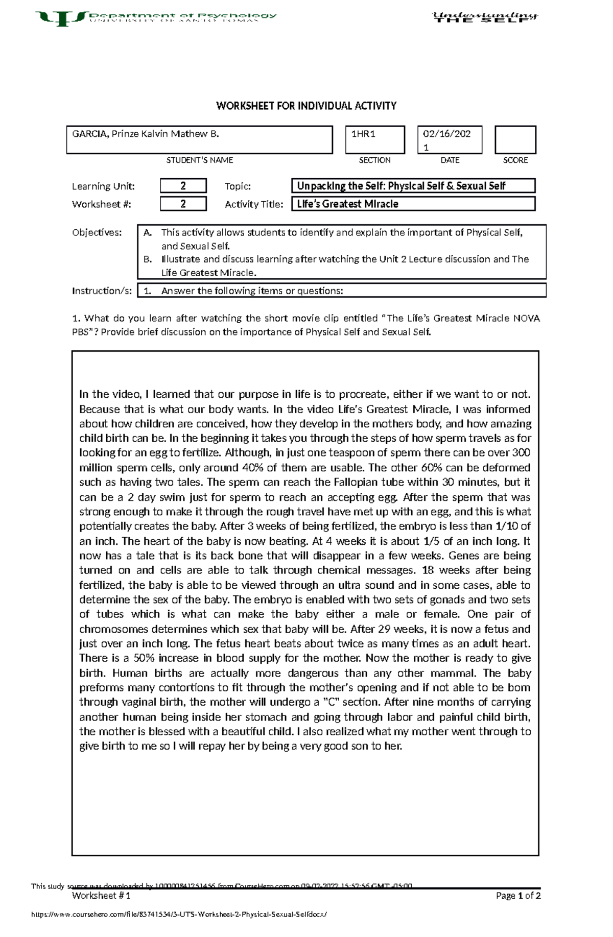 3 UTS Worksheet 2 Physical Sexual Self - WORKSHEET FOR INDIVIDUAL ...