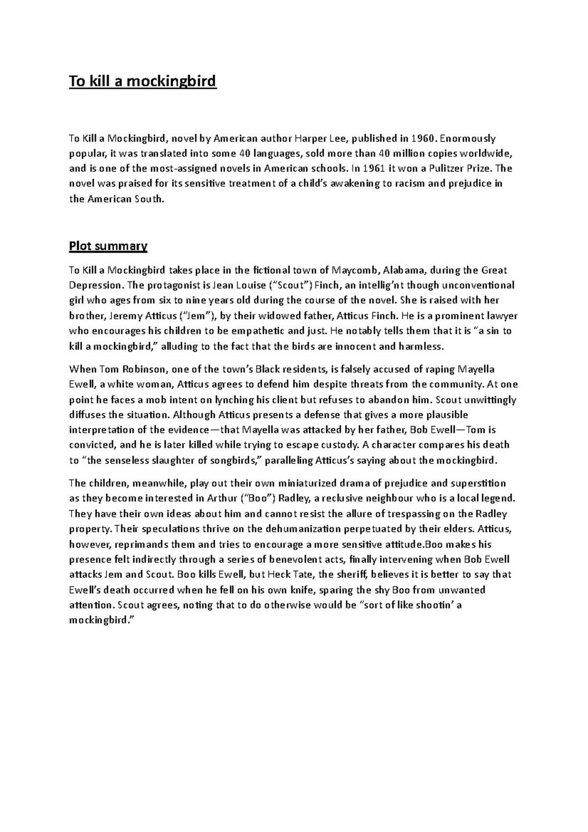Summary of novel and drama - To kill a mockingbird To Kill a ...