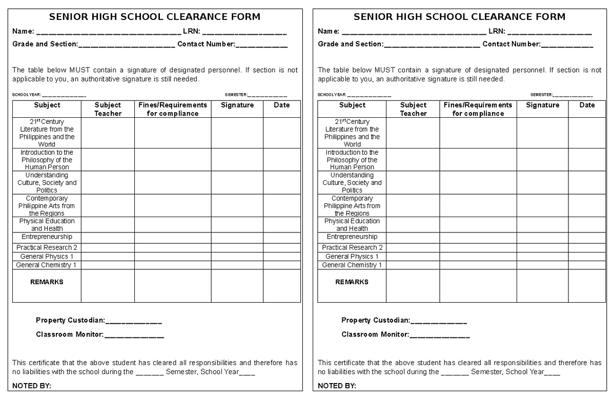 SHS- Clearance-FORM - n/a - SENIOR HIGH SCHOOL CLEARANCE FORM Name ...