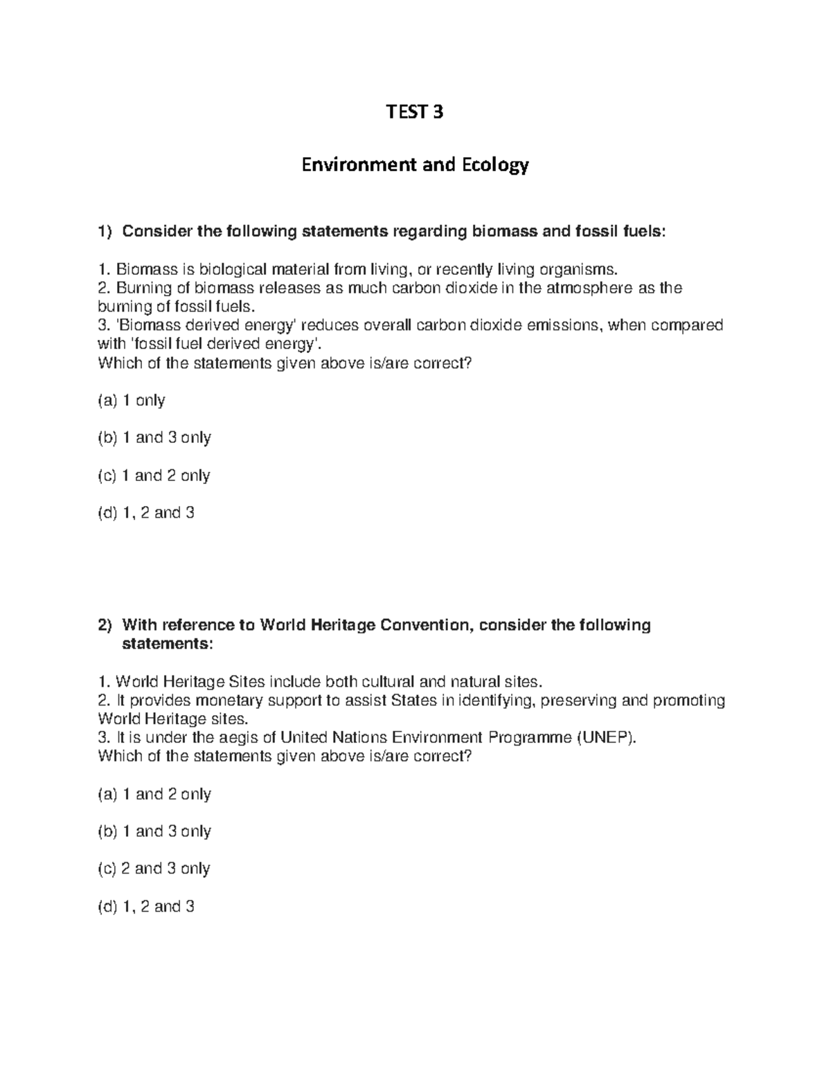 Environment Paper-3 - Questions - TEST 3 Environment and Ecology ...