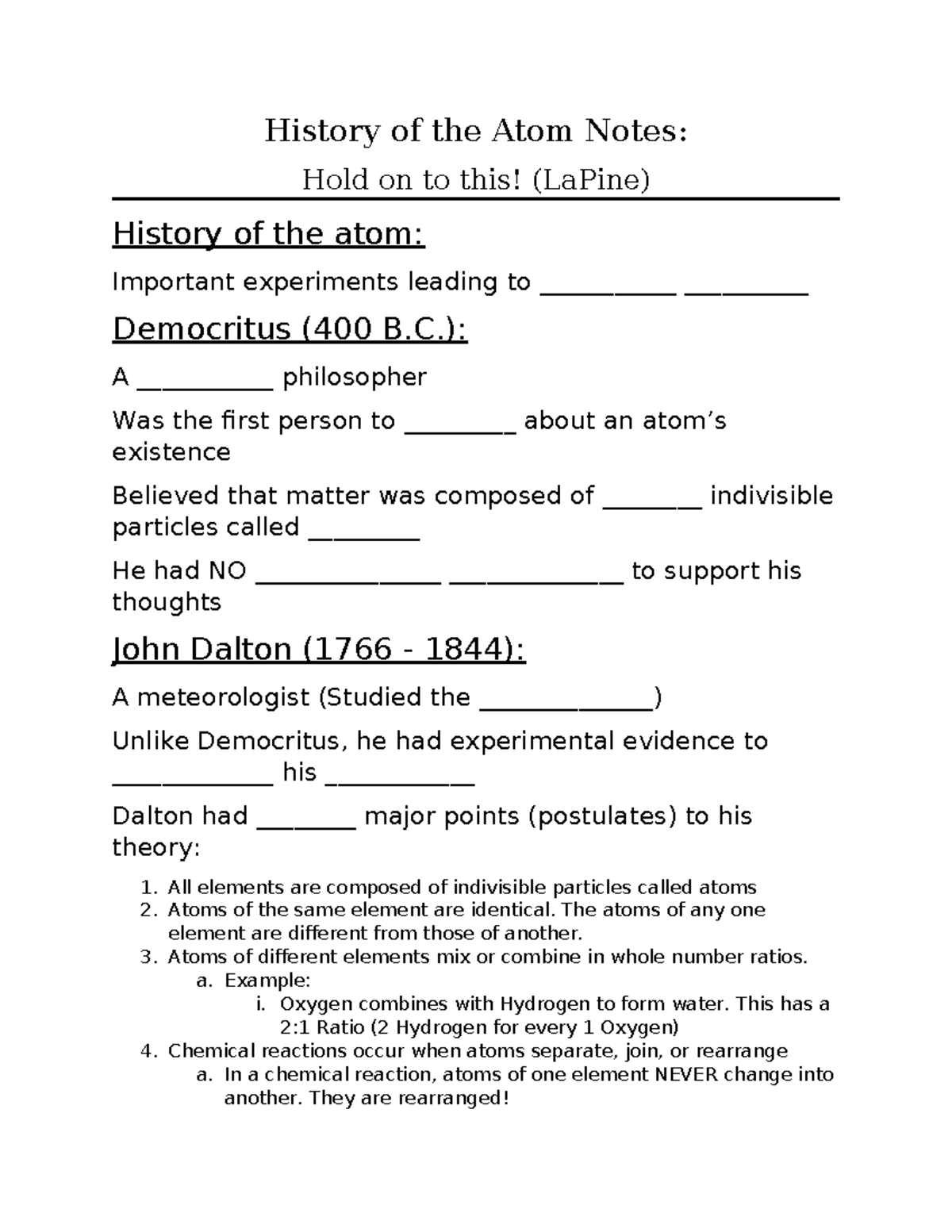 History Of Atoms Guided Notes - History of the Atom Notes: Hold on to ...