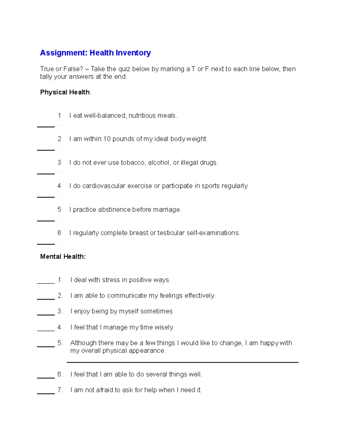 Health Inventory 2022 - Do things that help - Assignment: Health ...