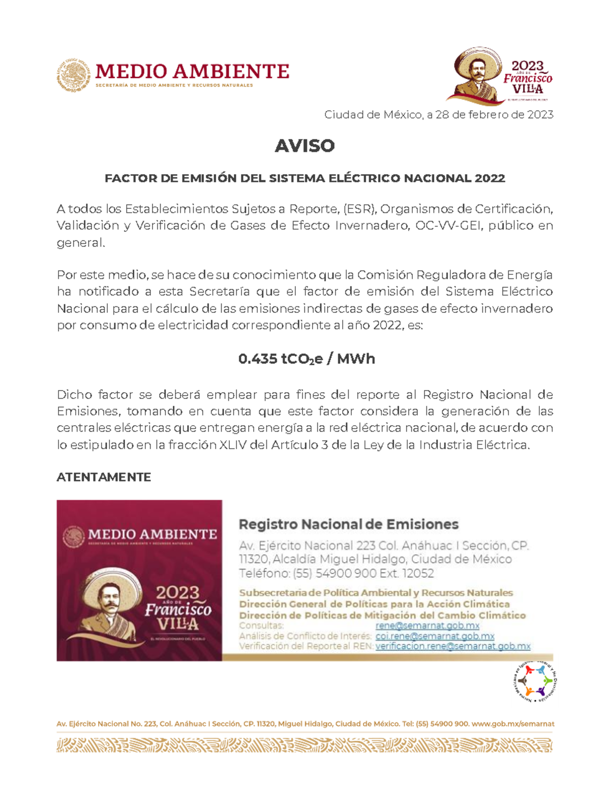 Aviso fesen 2022 - Factor de emisión 2022 - Ciudad de México, a 28 de ...