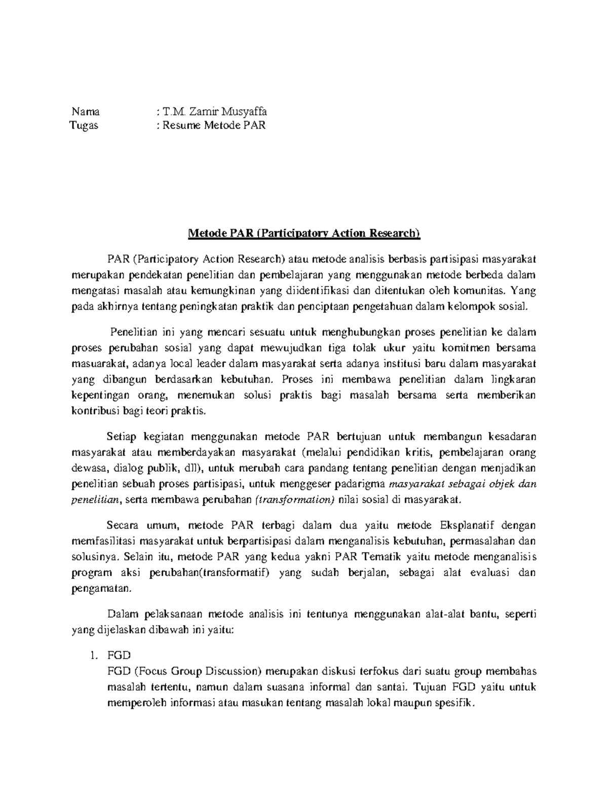 Resume Metode PAR - Metode PAR (Participatory Action Research) PAR ...