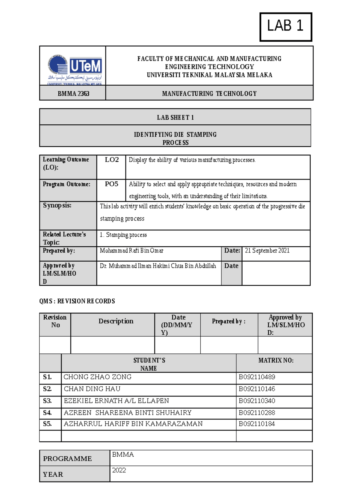 Lab 1 Manufacture - FACULTY OF MECHANICAL AND MANUFACTURING ENGINEERING ...