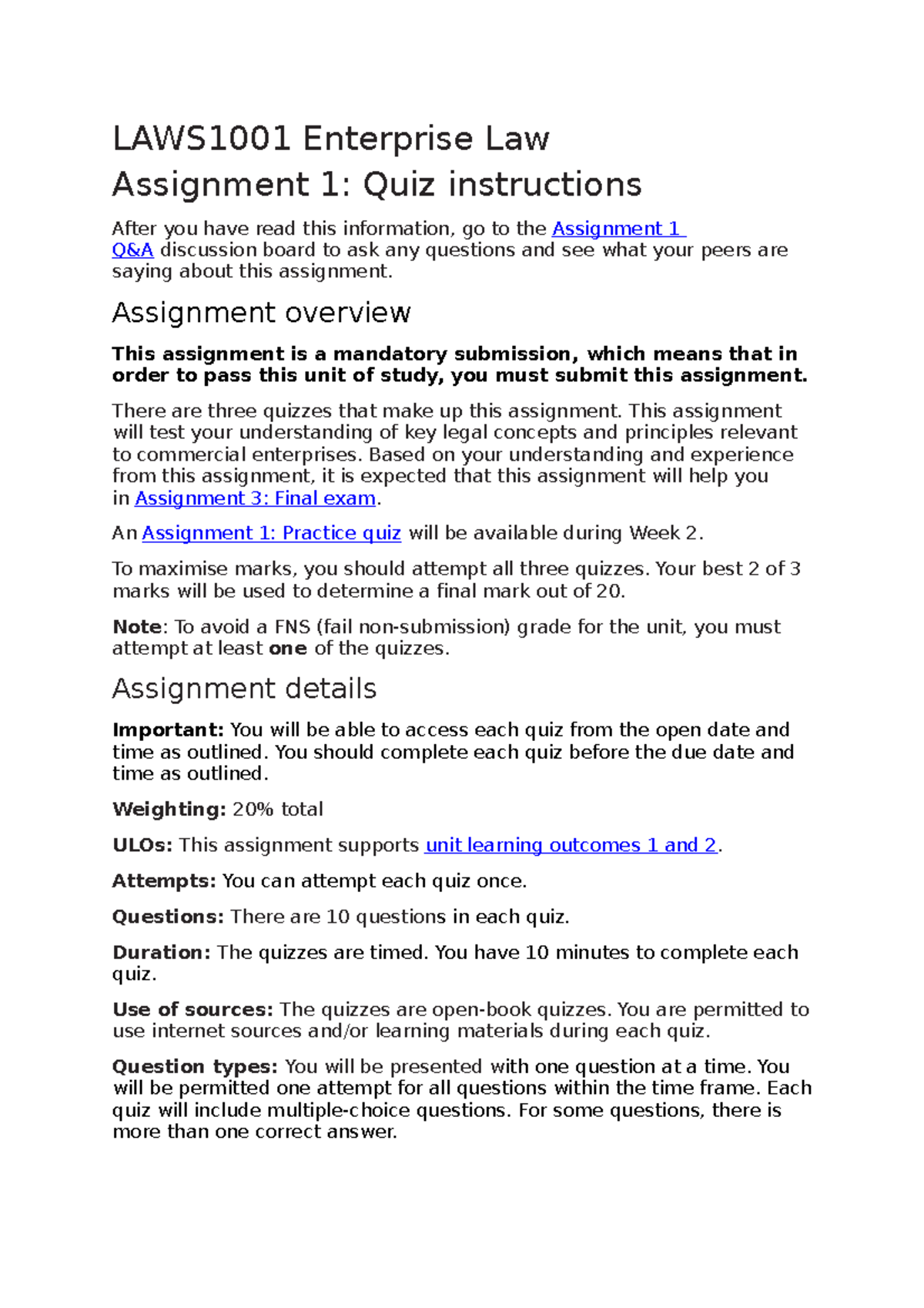 LAWS1001 Enterprise Law - LAWS1001 Enterprise Law Assignment 1: Quiz ...