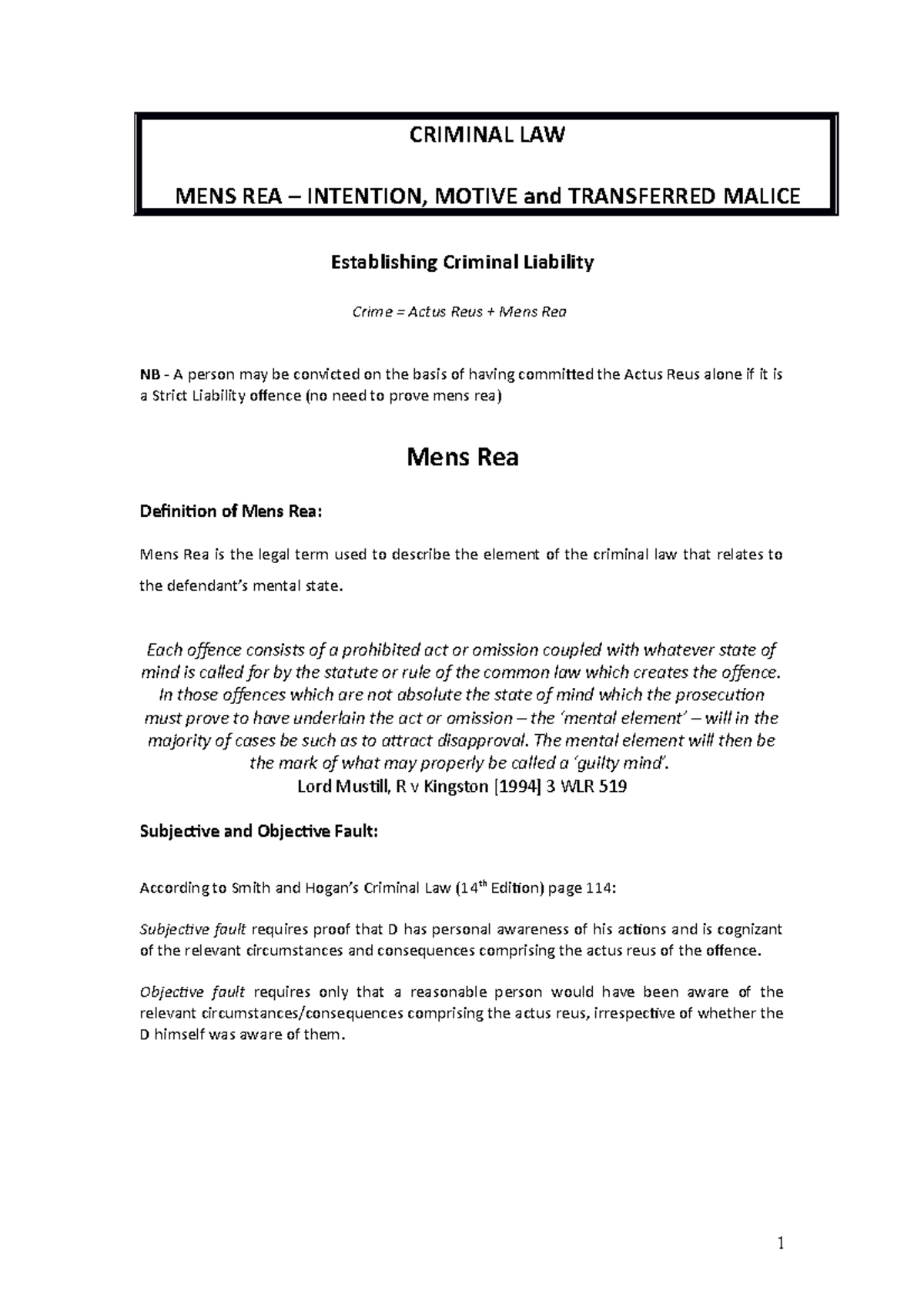 Mens Rea - Intention, Motive and Transferred Malice - CRIMINAL LAW MENS ...