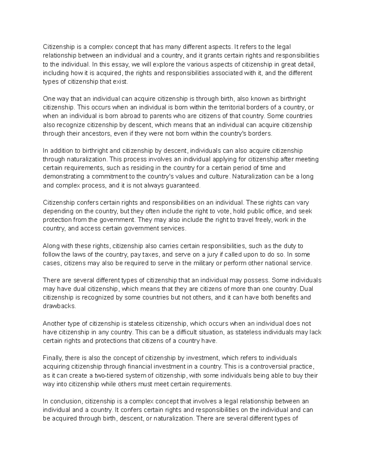 GEO221 Final Citizenship - Citizenship is a complex concept that has ...