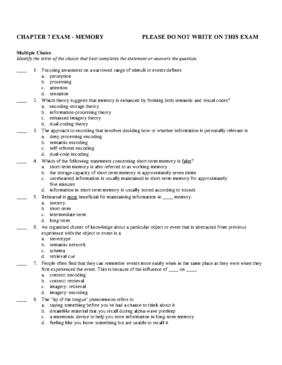 Memory - bbbbbbbbbbbbbbb - CHAPTER 7 EXAM - MEMORY PLEASE DO NOT WRITE ...