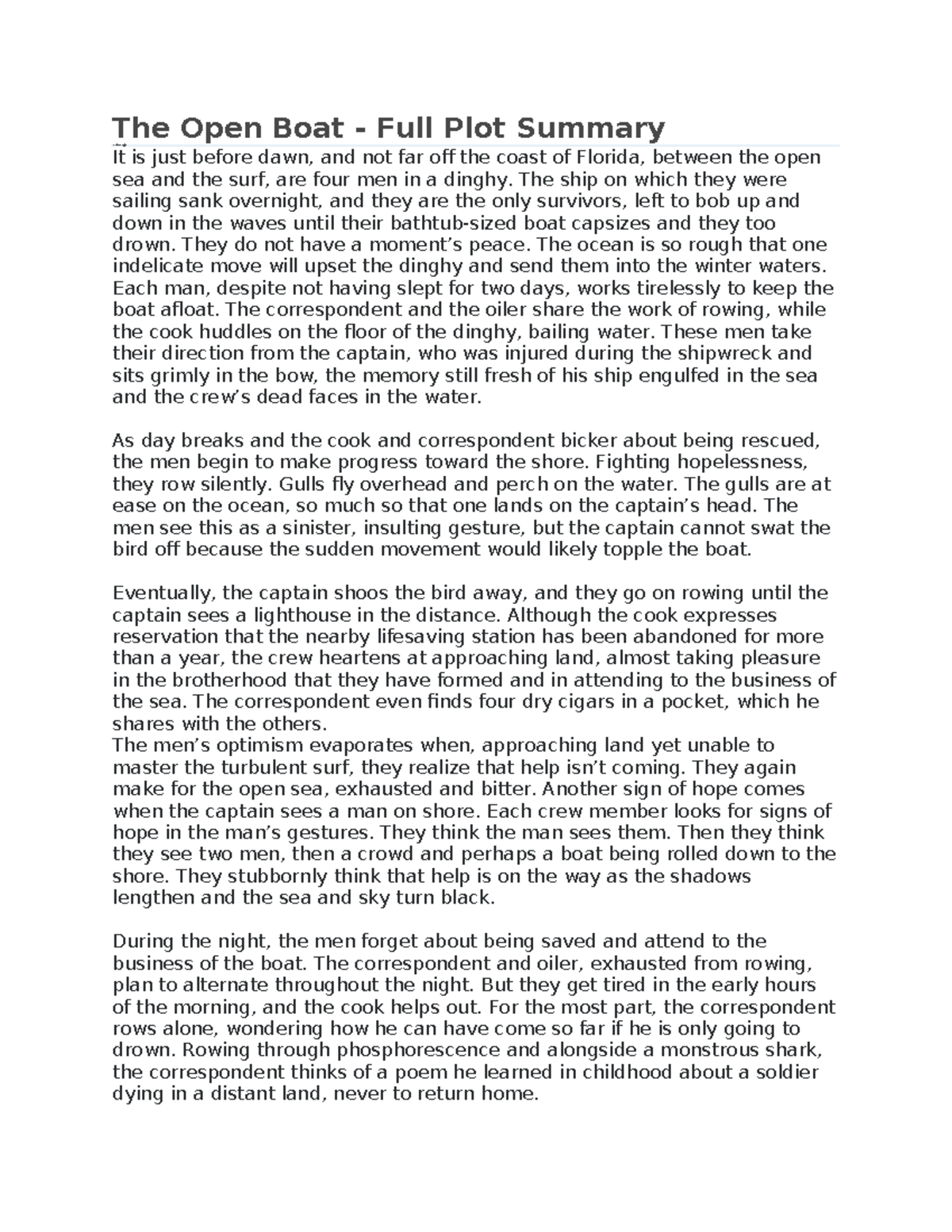 The Open Boat - Summary - The Open Boat by Stephen Crane is a short ...