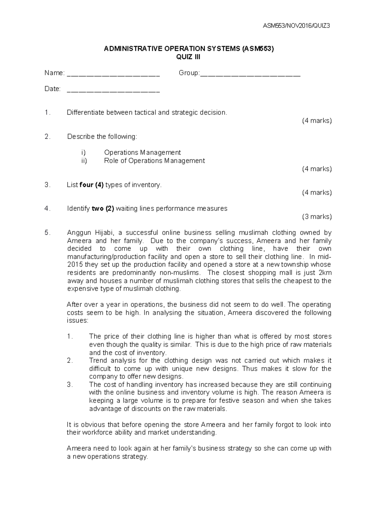 ASM553 QUIZ 3 - ASM553/NOV2016/QUIZ ADMINISTRATIVE OPERATION SYSTEMS ...