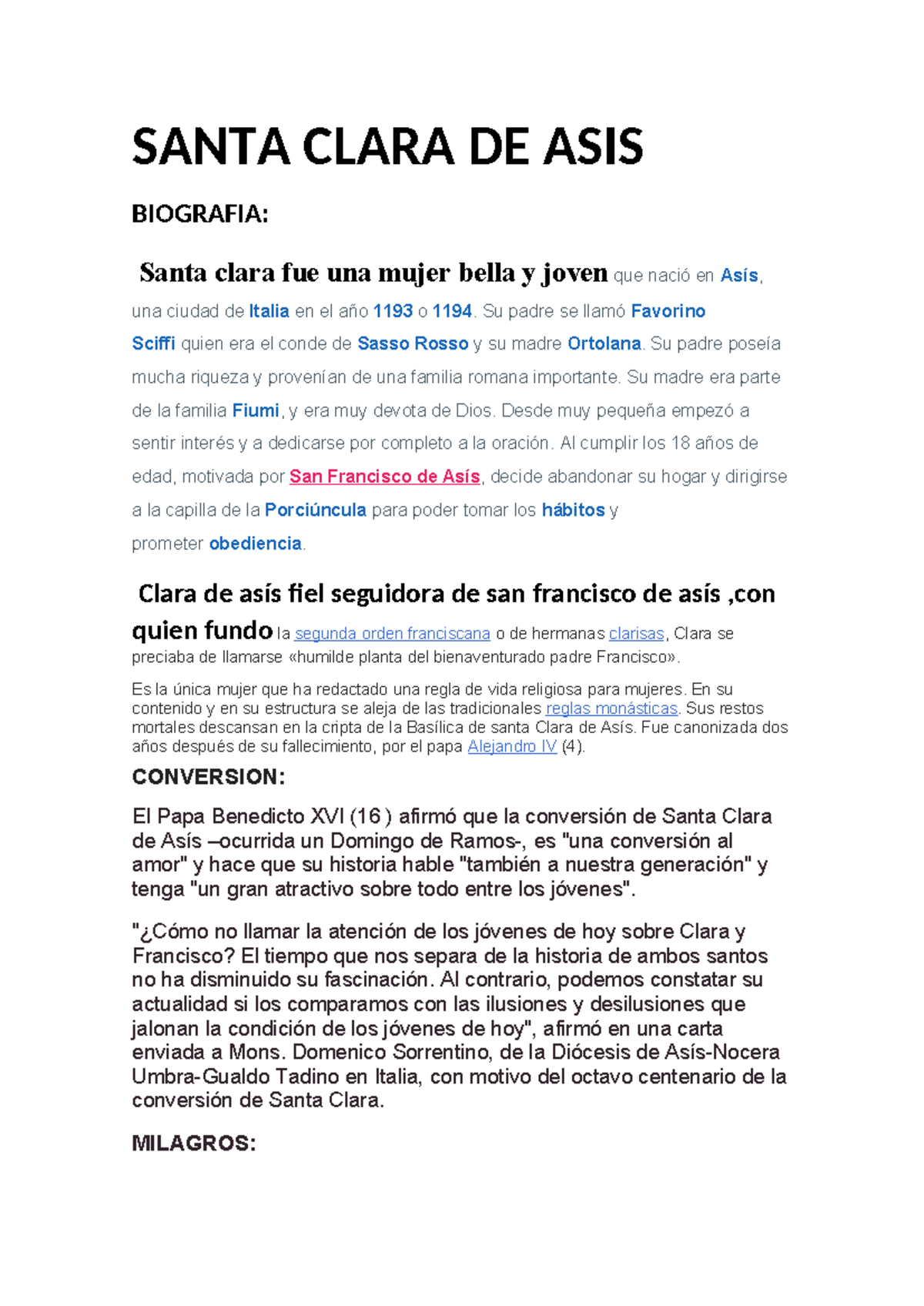 Santa Clara DE ASIS - derecho - SANTA CLARA DE ASIS BIOGRAFIA: Santa ...