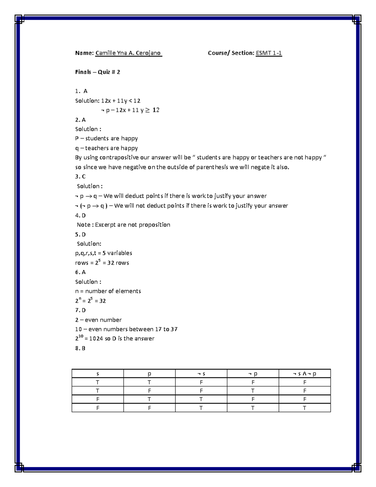 Logic - QUIZ 2 - This contains profositional forms and intro to sets ...