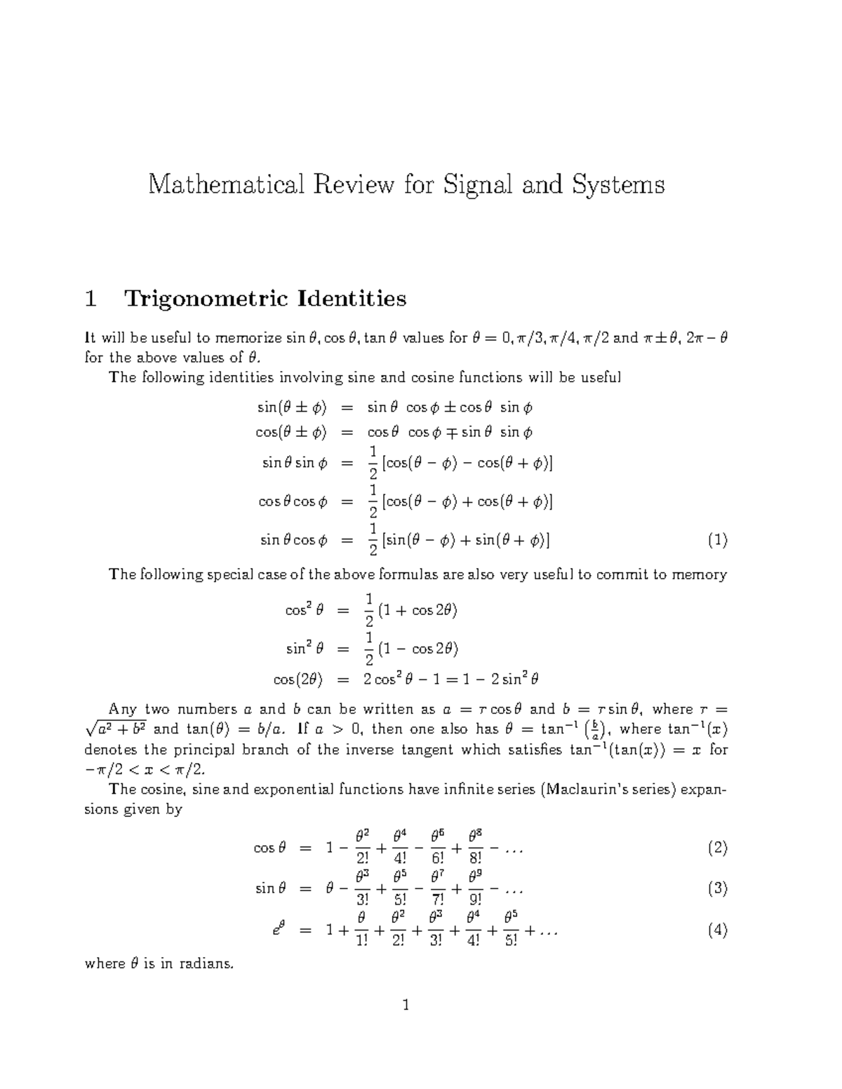 Math review notes notes - Mathematical Review for Signal and Systems 1 ...