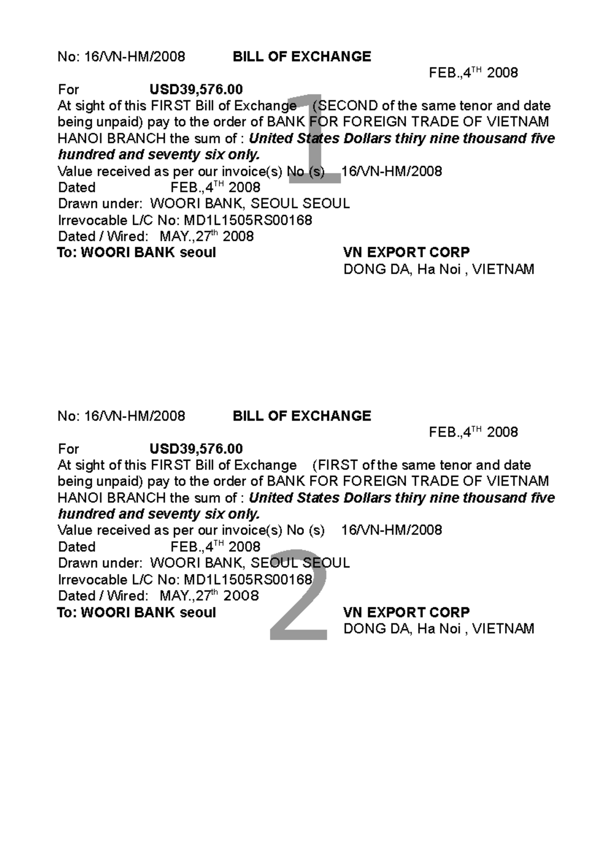[123doc] - bill-of-exchange hoang - 2 1 No: 16/VN-HM/2008 BILL OF ...