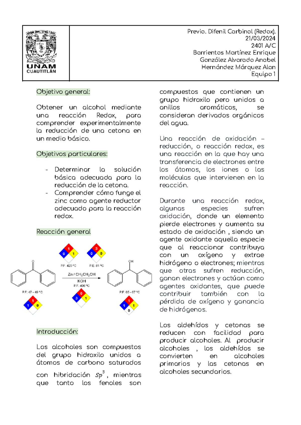 Previo 6. Difenilcarbinol - Previo. Difenil Carbinol (Redox). 21/03 ...