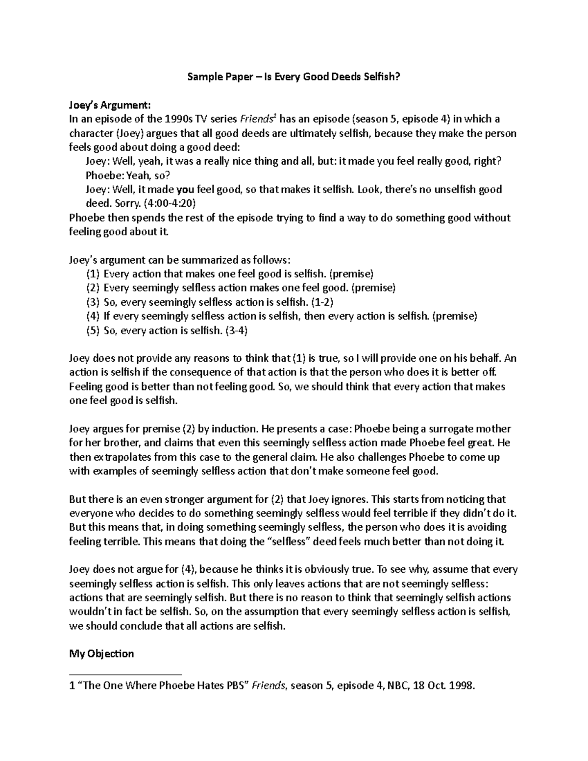 Sample Paper – Is Every Good Deed Selfish - Look, there’s no unselfish ...