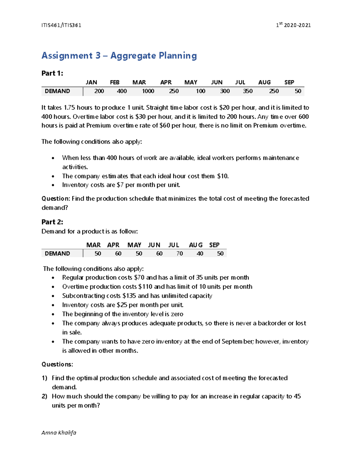 Assignment 3 – Aggregate Planning - network manegment - UOB - Studocu