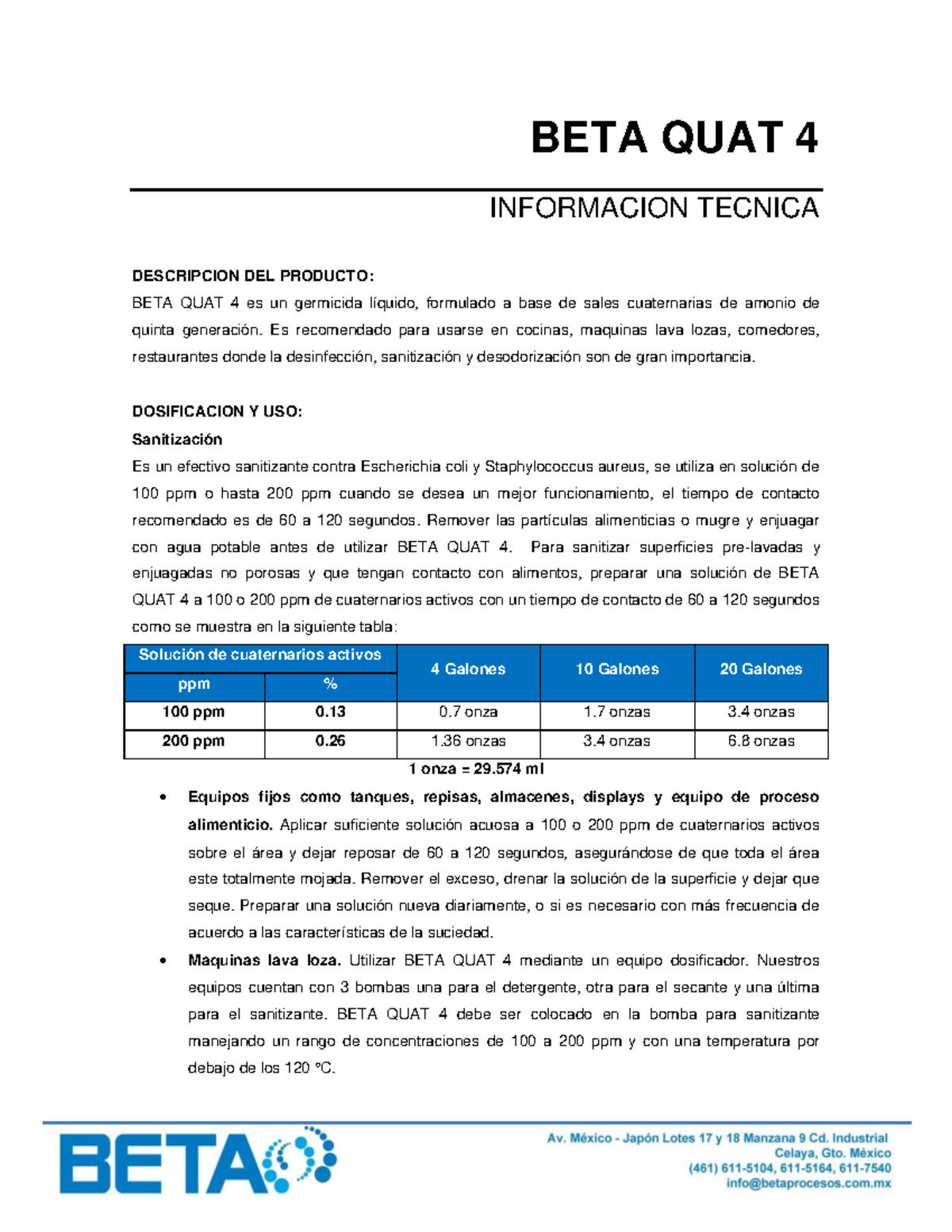 BETA QUAT 4 - SEGURIDAD - BETA QUAT 4 INFORMACION TECNICA DESCRIPCION ...