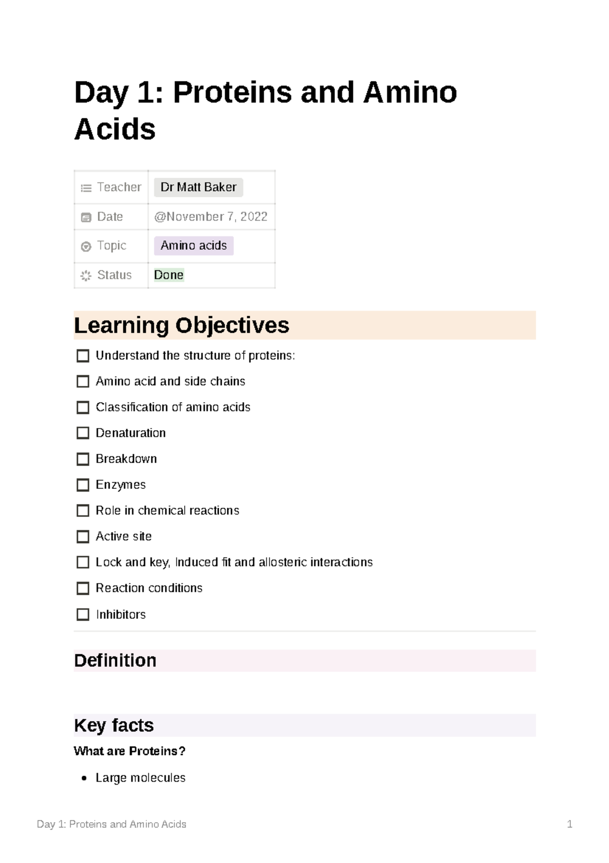 Day 1 Proteins and Amino Acids - Day 1: Proteins and Amino Acids ...