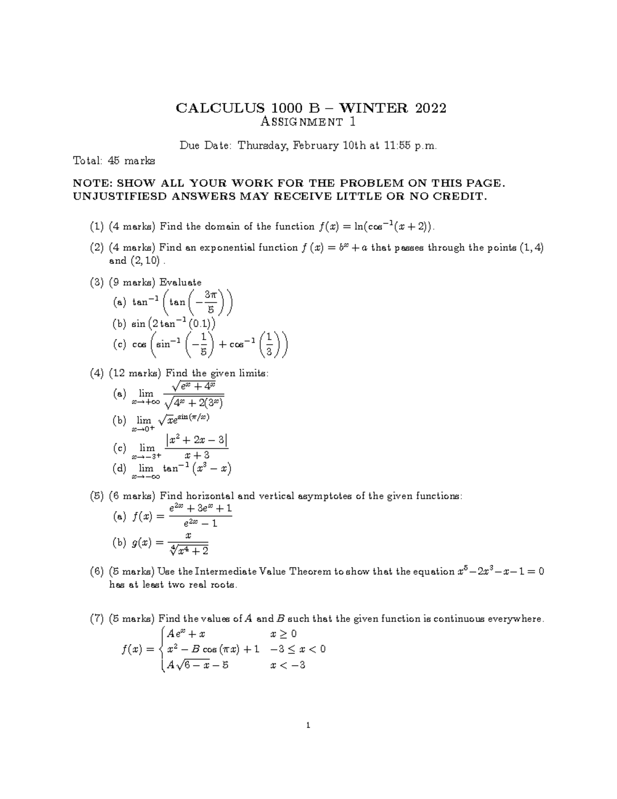 Calculus Assignment 1 UWO Calc1000 - CALCULUS 1000 B ñ WINTER 2022 ...